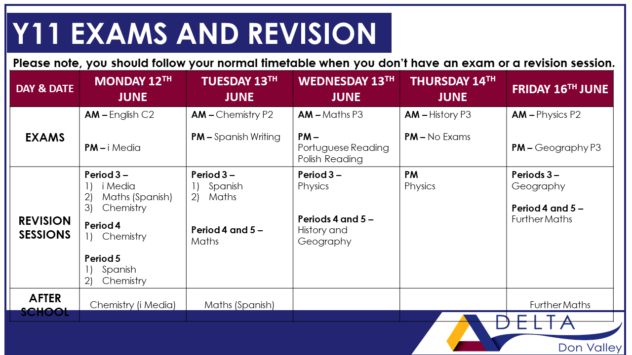 Year 11 Exam and Revision Timtable - Don Valley Academy